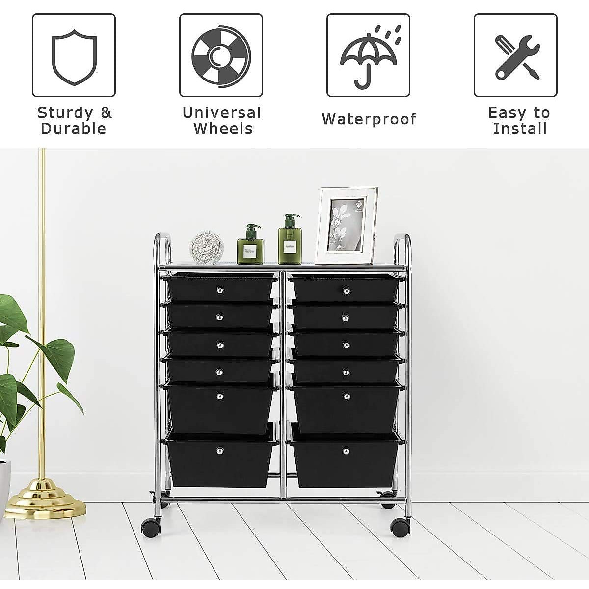 ReunionG 12-Drawer Storage Cart, Rolling Organizer with 4 Large & 8 Small Drawers, Steel Frame, Black