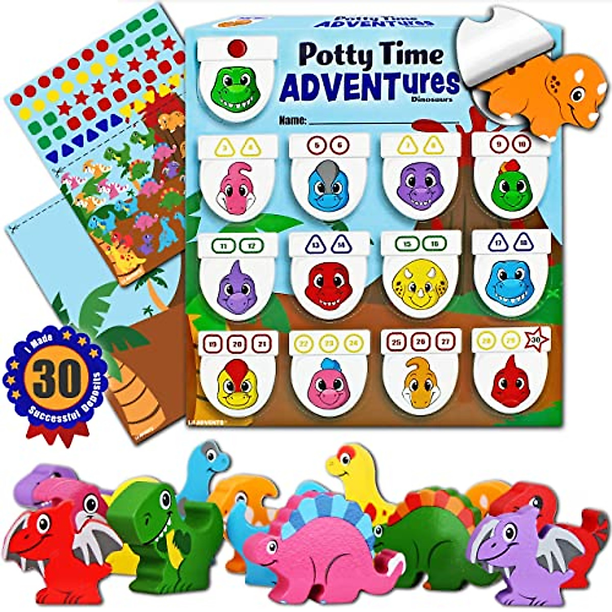 LIL ADVENTS Potty Time Adventures - Dinosaurs with 14 Wooden Block Toy Prizes|Potty Training Advent Game|As Seen on Shark Tank|Wood Block Toys, Reward Chart, Activity Board and Stickers