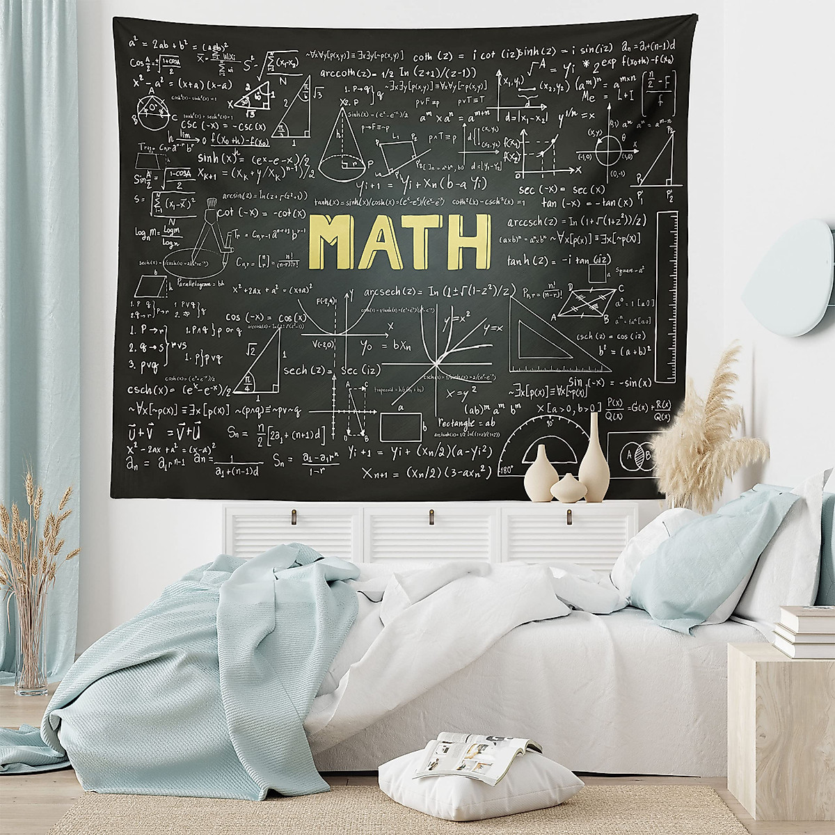 Lunarable Mathematics Room Tapestry, Dark Blackboard Backdrop with Math Equations Geometry Axis Art, Fabric Wall Hanging Decor for Bedroom Living Room Dorm, 45" X 30", Green Yellow