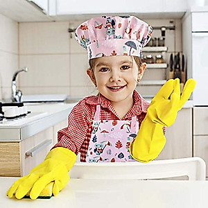 Pipoobear Kids Apron and Chef Hat for Girls Aged 6-12, Pink Children Kitchen Chef Costume Dress Up Set, Toddler Cotton Apron with Pocket and Adjustable Strap for Cooking Baking Painting Gardening