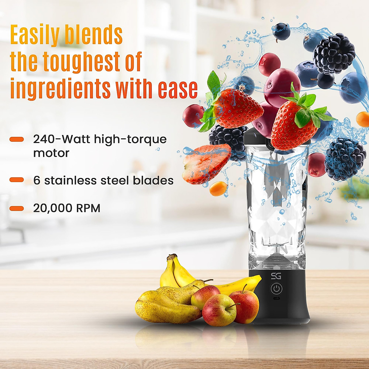 Stellar Goods Powerful Portable Blender for Smoothies & Shakes - Mini Blender with High-Torque Motor, Long-Life Battery, Leak-Proof Cup - One-Click & Pulse Mode - Personal Blender for Home, Travel