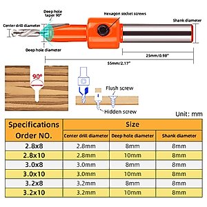 SENDRILL Wood Working Countersink Drill Bit Set Round Shank for Timber Working, with Hex Key Wrench（6PCS)