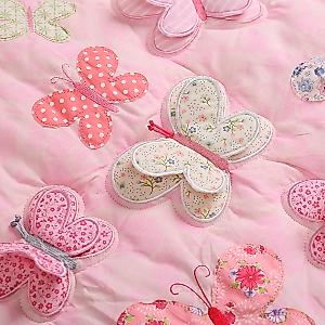 7 PCs Pink Embroidery Butterfly Nursery Crib Bedding Set 100% Cotton Baby Girl 3D Butterfly Themed Cot Bedding Set 1 Quilt, 1 Skirt, 1 Fitted Sheet, 1 Window Valance, 3 Butterfly Shaped Wall Decor