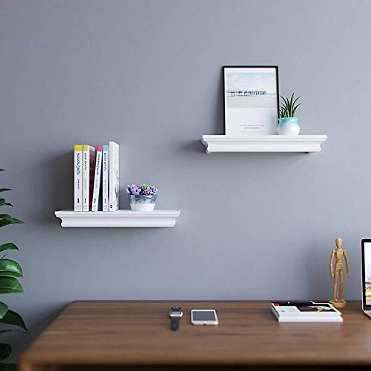 Ballucci Set of 2 Classic Floating Wall Shelves, Wooden Wall Mounted Ledges for Living Room, Bedroom, Bathroom, Kitchen, Office; 16 Inches - White