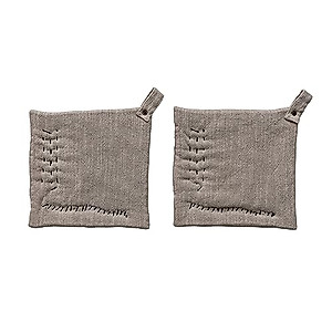 Creative Co-Op 8 Inches Square Cotton Slub Printed Cooking and Kitchenware, Cream and Black, Set of 2 Pot Holders