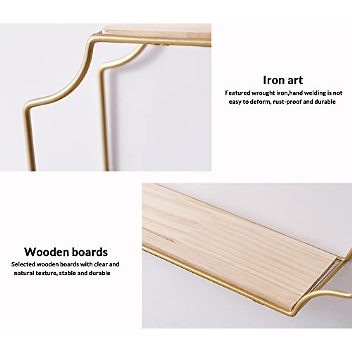 Dianhengmi Rectangular Floating Shelves Wall Decor, Gold Metal Wire and Wood Wall Mounted Large Space Storage Shelf Home Decorations Art for Bedroom Living Room Kitchen Bathroom, Set of 3