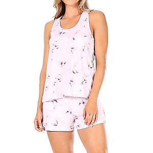 TAHARI Summer Pajamas for Women, Two piece Lace Trim Tank and Elastic Waist Shorts Pajama Sets, Women’s Sleepwear, Pink Flowers, Small