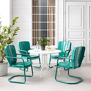 Crosley Furniture Ridgeland 5-Piece Outdoor Dining Set for 4, Retro Metal Round Patio Table and Chairs, Turquoise Gloss