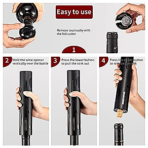 Electric Wine Opener set, Automatic Corkscrew for Wine Bottles with Foil Cutter Vacuum Stopper, Battery Operated Cordless Black Wine Opener for Wine Lovers Kitchen Home Bar