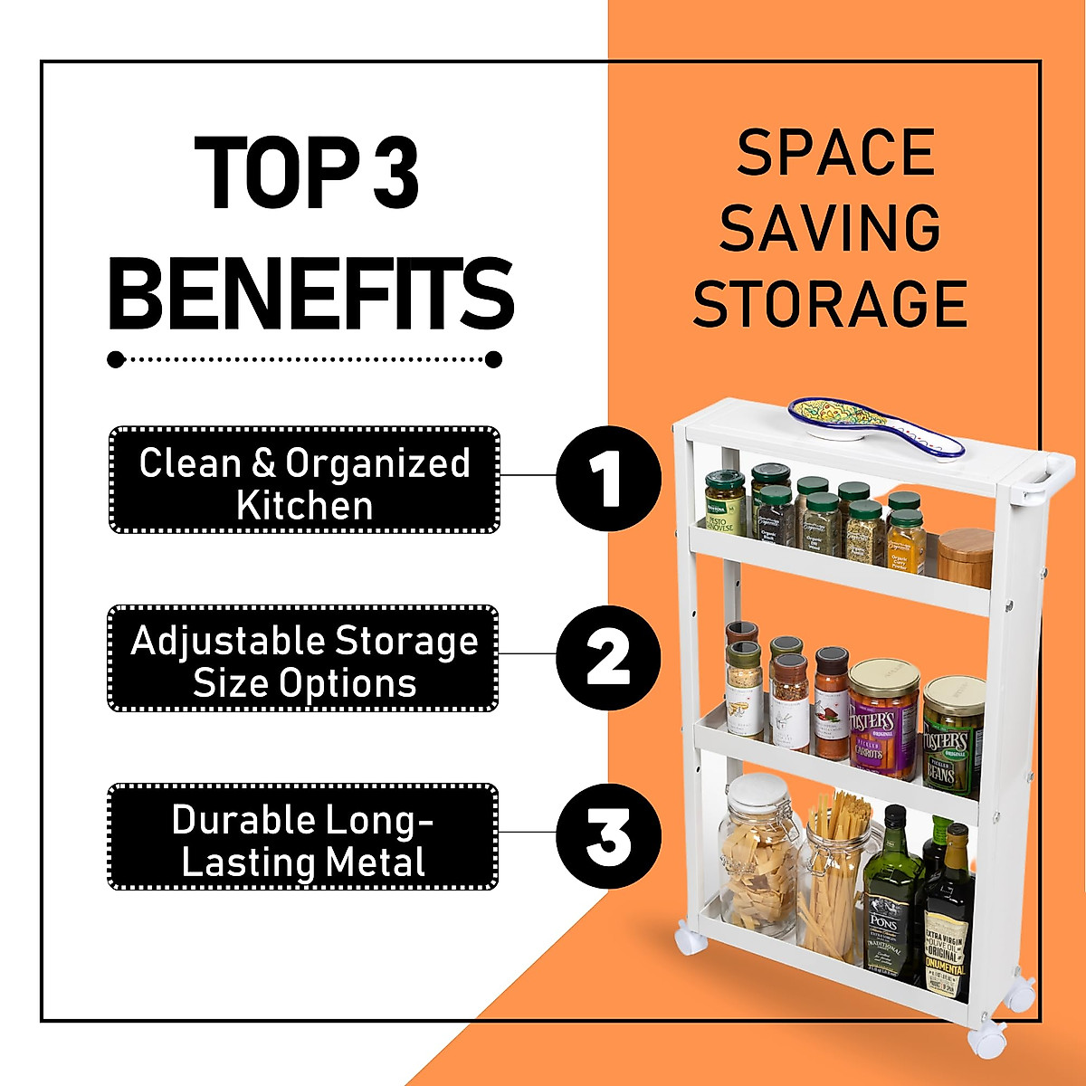 Slim Rolling Storage Cart with Wheels & Adjustable Shelving - Durable Metal Space-Saving 4 Tier Rolling Cart Ideal Kitchen - Narrow Bar Cart, Spice Rack, Utility Cart, Coffee Cart for Kitchen - WHITE