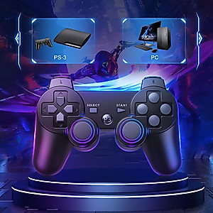 Powerextra Wireless Controller for PS3, 2 Pack High Performance Gaming Controller with Upgraded Joystick Double Shock for Play-Station 3 (Black and Blue)