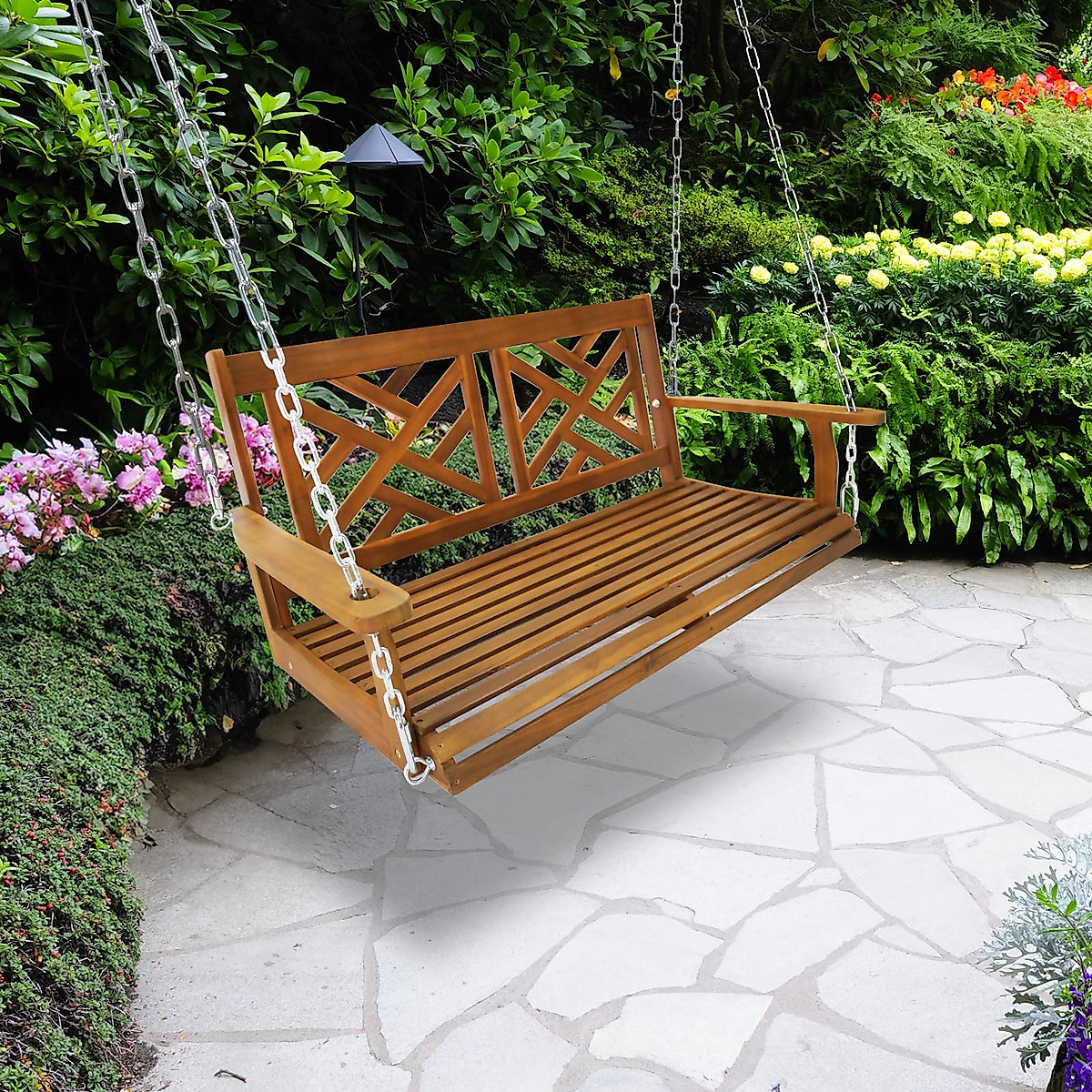 Outvita 4.1 FT Porch Swing, Acacia Wood Swing Bench Patio for Courtyard, Garden, with Heavy Duty Hanging Chain, Swing Chair for Outdoors, Gazebo Weight Capacity-800 LBS
