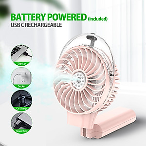 MORECORE Portable Handheld Misting Fan, Battery Operated Personal Spray Water Mist Fan, Rechargeable Mister Fan, Mini Foldable Fan for Disney Travel Makeup Beach Outdoors (Pink)