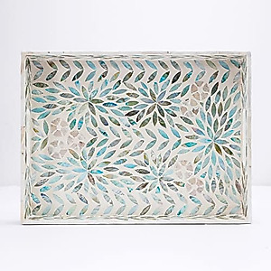 Handmade Serving Trays, Mother of Pearl Inlay Decorative Tray for Room Decor, Coffee Table Tray with Handles Set of 2 Length 16'' and 14'' Trays (TPSET-US)