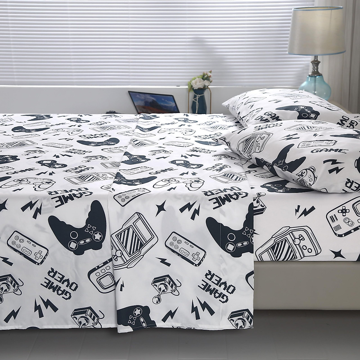 SDIII 4PCS Black and White Gamer Bedding Sheet Twin for Boys Girls Teens and Kids, Bed in a Bag Sheets Set Twin, Video Game Bed Sheet Set on Amazon, Twin