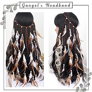 Gangel Bohemian Feather Hairband Gypsy Headband with White and Brown Feather Tassel Hemp Rope for Festival Masquerades, Carnival, Hippie Costume, Women's Prom Accessories