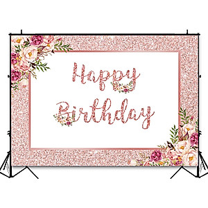 Avezano 6x5ft Rose Gold Birthday Backdrop Pink Glitter Flowers Happy Birthday Party Decorations 16th 21st Birthday Photography Background for Women and Girls Floral Photo Booth Banner