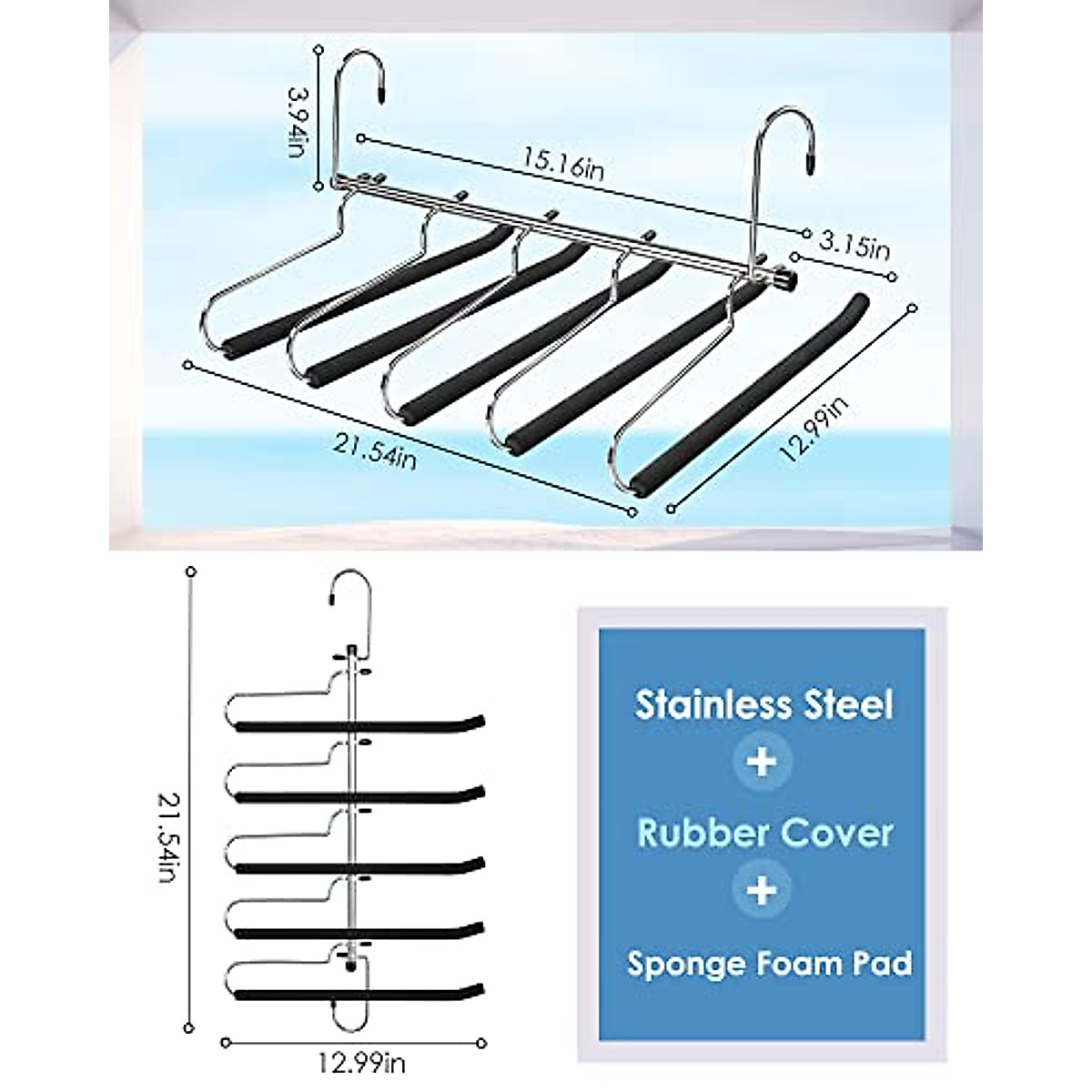 CINKSY Pants Jeans Hangers Space Saving 5 Layers Clothes Hangers with Non-Slip Foam Padded Swing Arm Trousers Hangers Heavy Duty Multi-Layer Pants Rack for Slacks Scarf - 2 Pack