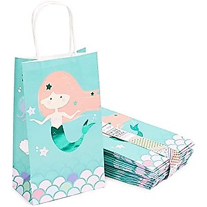 BLUE PANDA Mermaid Party Favor Gift Bags with Handles, Kids Birthday Decorations (24 Pack)