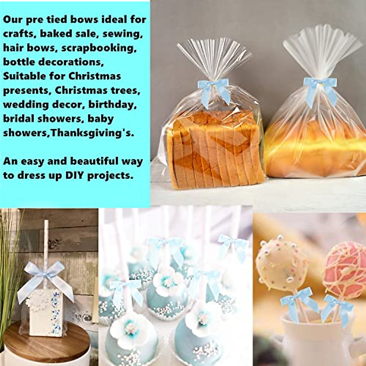 100 Pieces 3 inch Satin Ribbon Twist Tie Bows, Blue Pretied Bows with Twist Ties, Twist Bows Treats Bags, Bow Ties for Treats, Cake Pops, Baby Shower, Crafts, Gift Wrapping Favors, Cookies by GUIFIER