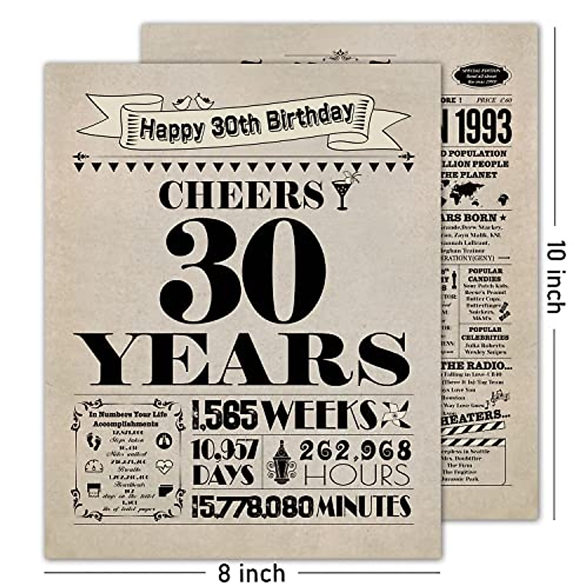 30th Birthday Decorations for Women and Men, 2 Pieces Vintage 30th Birthday Posters, Back in 1993 Birthday Party Supplies, 30th Birthday Gifts for Her and Him, 8x10 Inch