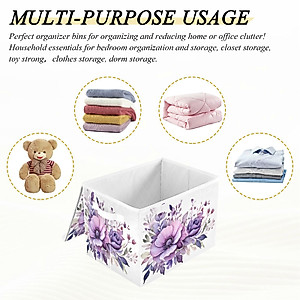 senya Baskets Collapsible Storage Bins with Lids, Purple Rose Leaves Storage Boxes Clothes Baskets for Organizing