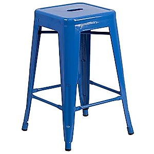 Flash Furniture Kai Commercial Grade 24" High Backless Blue Metal Indoor-Outdoor Counter Height Stool with Square Seat