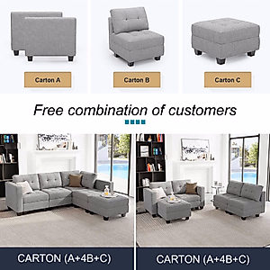 Belffin Light Grey L Shape 5-Seat Modular Sectional Sofa with Storage, Reversible Chaise, Adjustable Backrest, Cotton & Polyester