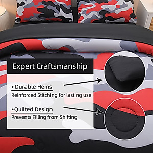 Meeting Story Camouflage Bedding Set, Colorful Pattern Style Comforter Set, 5 PCS One Comforter Two Pillowcases Two Sheets in One Bag, All Season Bedspread for Teens Adults (Red-Black, Full 5Pcs)