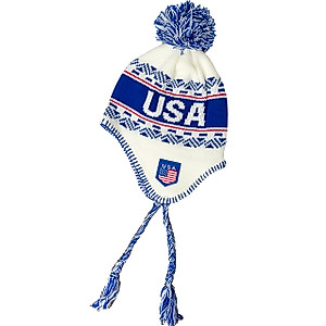 USA Winter Hat, White Knit Beanie Snow Winter Hat Ski Cap with Pom, USA Hat with Ear Flaps and Fleece Lining