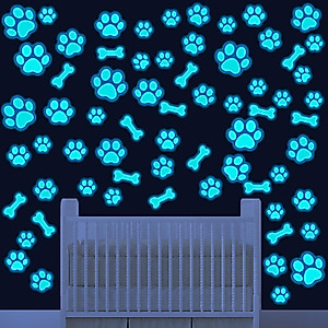127 Pcs Dog Paw Print Stickers Glow in The Dark Wall Decals Dog Paw Print Wall Decor Dog Wall Stickers Decals Luminous Removable Vinyl Dog Paw Bone Wall Decals for Kids Nursery Bedroom (Blue Light)