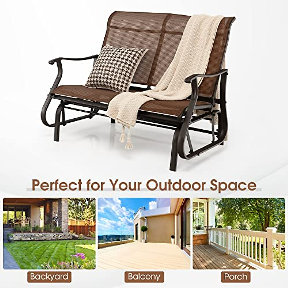 Tangkula Patio Glider Bench, 2-Person Outdoor Rocking Bench with High Back & Curved Armrests, Swing Glider Loveseat with Spacious Seat for Backyard, Balcony, Poolside, Porch (Brown)