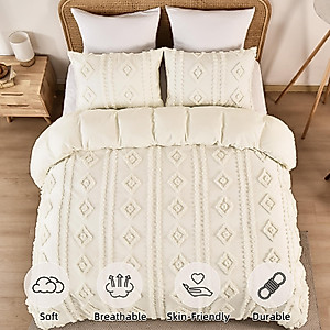 PHF Boho Duvet Cover Queen Size, Soft Tufted Duvet Cover Set for All Seasons, 3 Pieces Textured Shabby Chic Bedding Set with 2 Pillowcases, Snow White, 90" x 90"