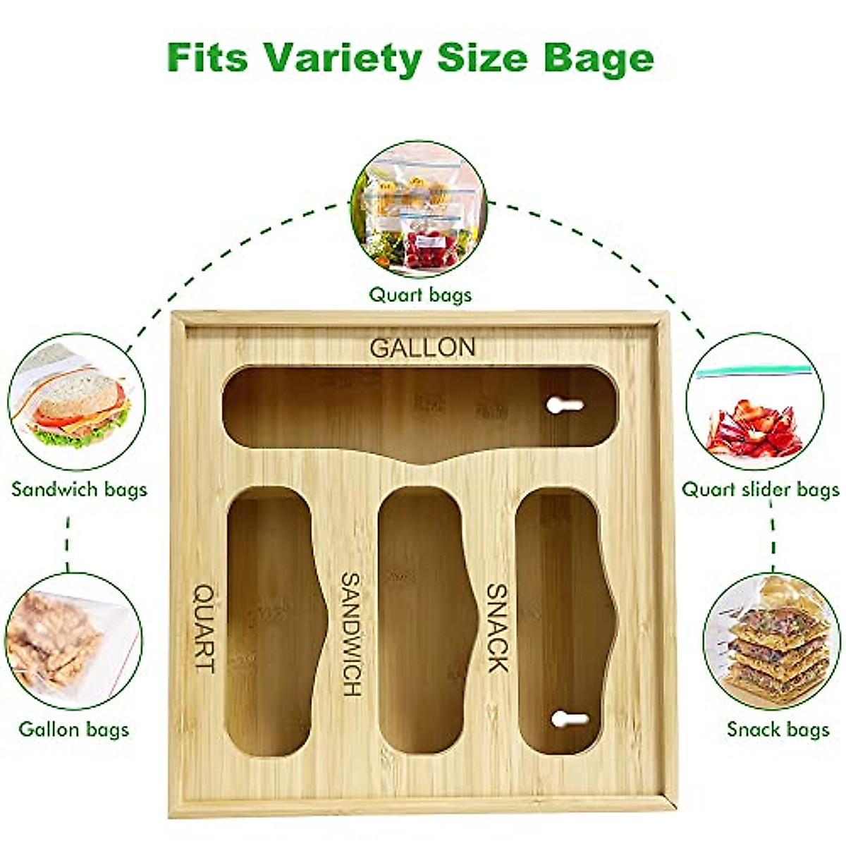 Bamboo Ziplock Bag Storage Organizer for Kitchen Drawer, Wooden Food Storage Bag Holders, Ziploc Baggie Organizer Dispenser, Compatible with Gallon, Quart, Sandwich & Snack Bags Variety Size Bag