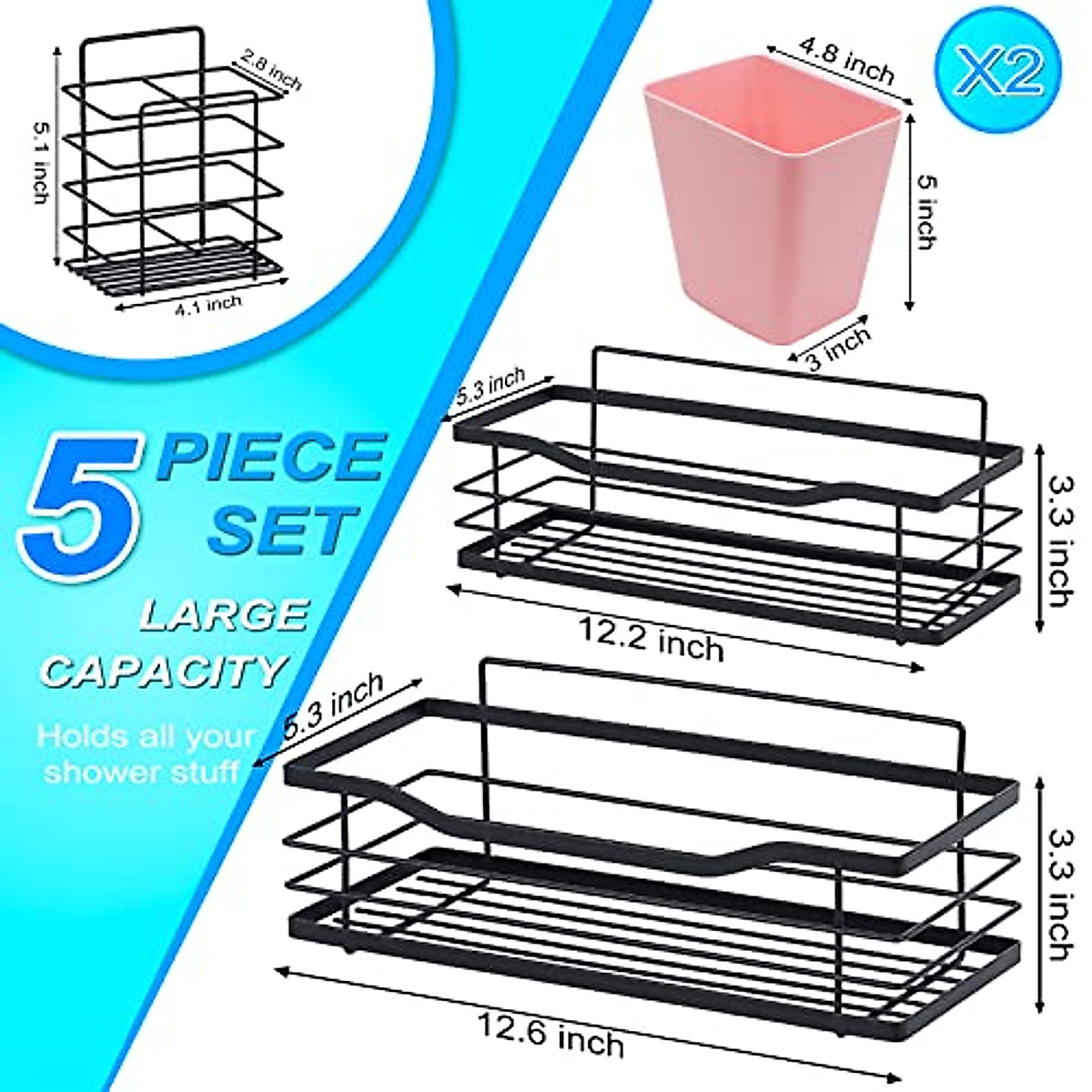 Shower Caddy, 5-Pack Shower Shelf, Shower Organizer with 4 Hooks Adhesive Shower Organizer No Drilling Large Capacity Rustproof Stainless Steel Bathroom Organizer Shower Shelf for Inside Shower