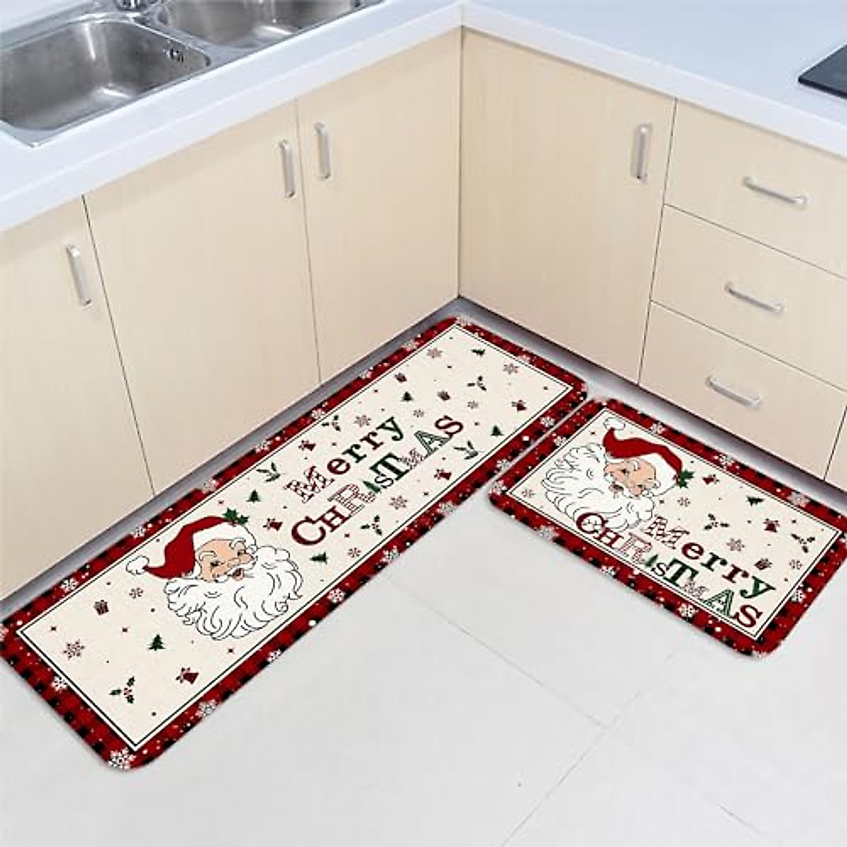 Prime Leader Merry Christmas Kitchen Mat Set 2 Pieces Cute Santa Claus Decor Red Black Buffalo Plaid Non Slip Kitchen Rugs Washable Runner Rug Mats for Kitchen Sink, 15.7" x 23.6"+15.7" x 47.2"