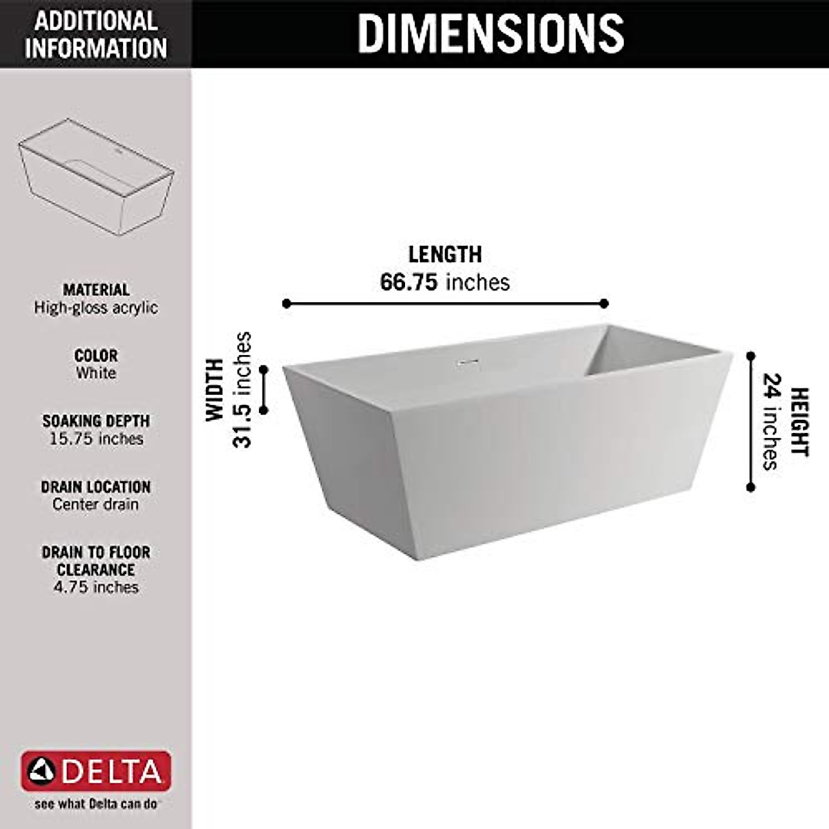 Delta Faucet Slade Freestanding Bathtub, Bath Tub, Free Standing Tub, Freestanding Tub, 67 x 32 inches, Integrated Waste and Overflow Drain, White DB256406-6732WH