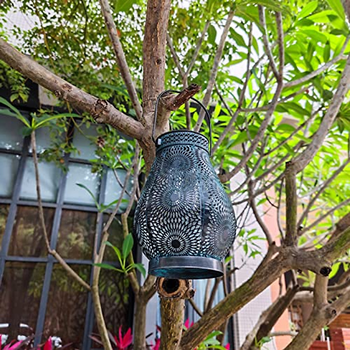 Solar Lantern Outdoor with Shepherd Hooks - Waterproof Metal Garden Solar Lights Hanging Lanterns Decorative - Solar Powered LED Lanterns with Handle for Patio Yard Pathway Walkway [Cyan-Blue]