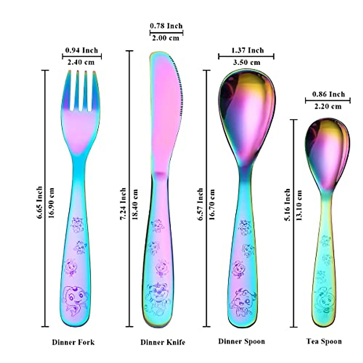 Berglander Rainbow Toddler Utensils 4 Pieces Colorful Titanium Plating Kids Silverware Set, Children Safe Forks and Spoons Flatware, Mirror Polished Smooth Round Edage Cutlery Sets, Dishwasher Safe