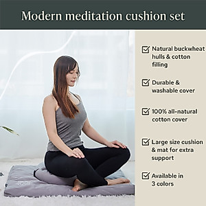 Mindful & Modern Meditation Cushion and Zabuton Meditation Mat Bundle - 100% Cotton Meditation Cushion Set for Yoga - Buckwheat Zafu Floor Pillow and Rectangular Mat - Slate Grey Color