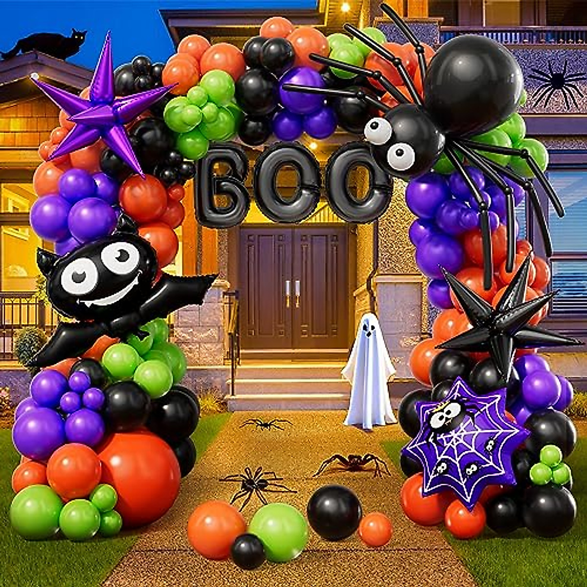 Bonropin 144pcs Halloween Balloon Garland Arch kit with Black Orange Green Purple Eyes Balloons, Bat Spider Boo Foil Balloons, Black Purple Explosion Star Foil Balloons for Halloween Party Decorations