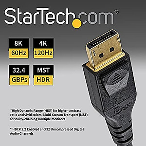 Startech.com 4m VESA Certified DisplayPort 1.4 Cable - 8K60Hz HBR3 HDR - 13ft Super UHD DisplayPort to DisplayPort Monitor Cord - Ultra HD 4K 120Hz DP 1.4 Slim Video Cable M/M DP Connector (DP14MM4M)