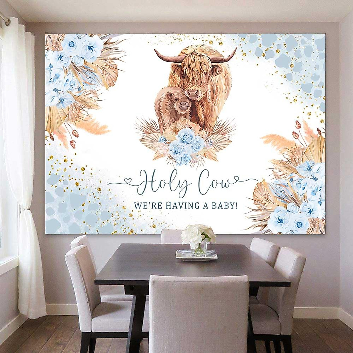 Ayayiya Highland Cow Baby Shower Backdrop Boy Holy Cow We are Having a Baby Farm Cow Party Decorations Boho Blue Highland Cattle Baby Shower Backdrops Cake Table Banner Photography Backdground 7x5ft