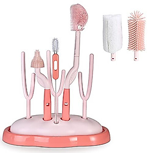 Baby Bottle Brush and Drying Rack, VOOWO Rotating Silicone Bottle Brush with Long Handle, Bottle Drying Rack with Bottle Cleaner Brush & Nipple & Straw Cleaner (Pink Rotating Brush & Drying Rack)