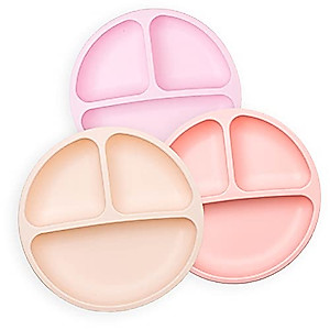 Ullabelle Silicone Plates for Kids & Toddlers | 3 Pc Set | Skid Proof & Unbreakable | Divided Baby Plates | BPA Free, Non-Toxic | Dishwasher & Microwave Friendly | Kids Plates with Dividers (Pink)