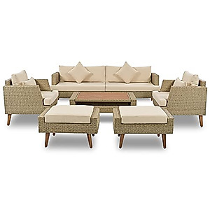 6-Piece Patio Sectional Set Outdoor Rattan Sofa Set With Double Cushions and Coffee Table, Brown Wicker Outdoor Sofa with Cushions & Wood Table Top and Wood Legs, All-Weather PE Wicker Couch Set