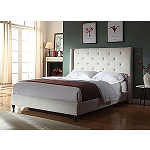 Home Life Premiere Classics Cloth Light Beige Cream Linen 51" Tall Headboard Platform Bed with Slats Queen - Complete Bed 5 Year Warranty Included- 007