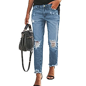 EVALESS Women Ripped High Rise Boyfriend Jeans Pull-On Distressed Stretchy Denim Pants Blue Size 8