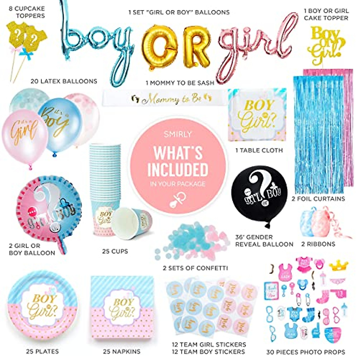 SMIRLY Gender Reveal Decorations Set - Baby Gender Reveal Party Supplies, Gender Reveal Party Decorations, Baby Gender Reveal Ideas, Gender Reveal Balloons Boy or Girl Gender Reveal Party Supplies Kit
