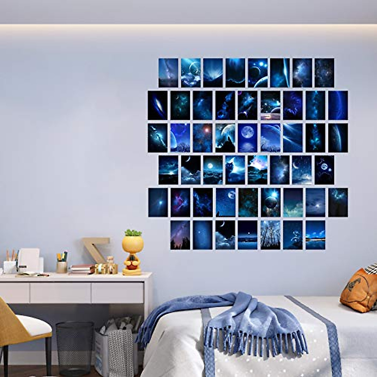 HZSYF Blue Photo Wall Collage Kit - Galaxy Stars Wall Art Space Posters Pictures Aesthetic Room Decor for Boys Girls Bedroom Dorm Nature Nebula Starry Night Universe Artwork 50 Set 4x6inch UNFRAMED